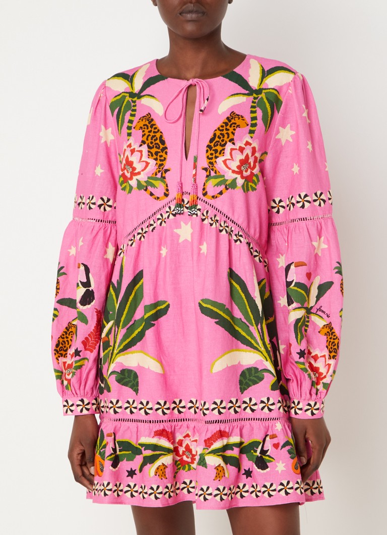 FARM Rio Leopard Forest mini tuniekjurk in linnenblend met print • Roze ...