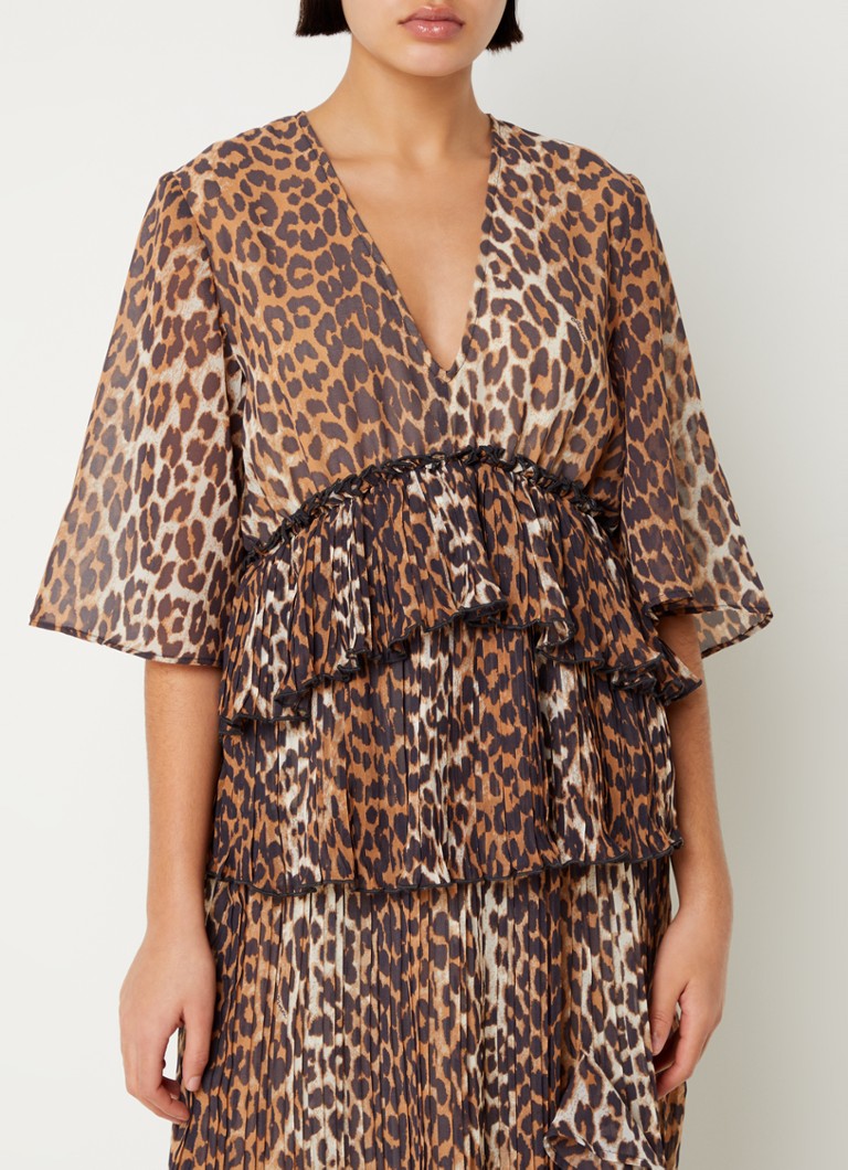 Ganni Semi-transparante top met panterprint en volant • Bruin ...