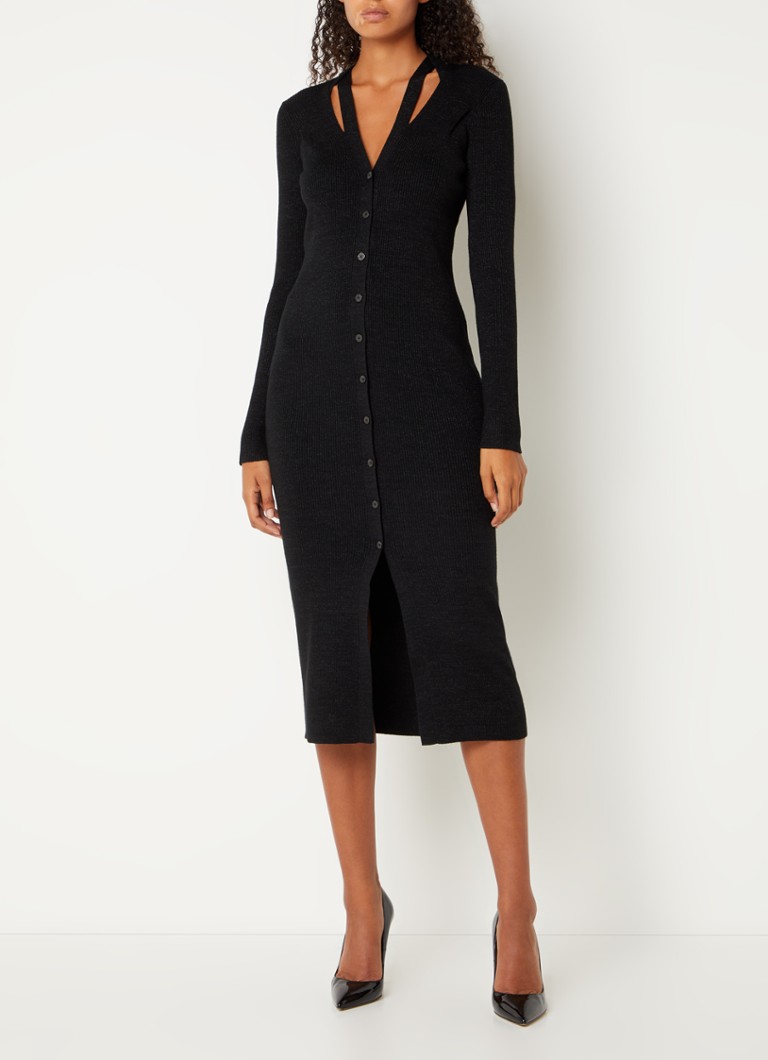 HUGO BOSS Facene fijngebeide jurk midi jurk in wolblend met cut-out ...