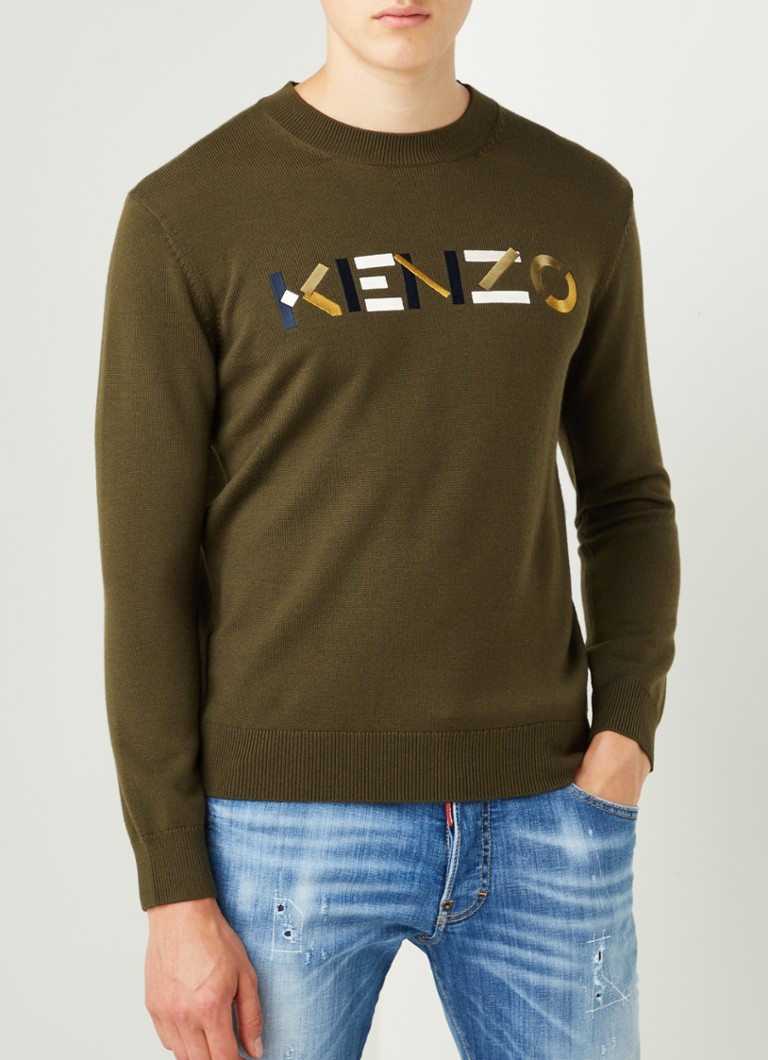 KENZO Fijngebreide trui met logoborduring • Legergroen • de Bijenkorf.be