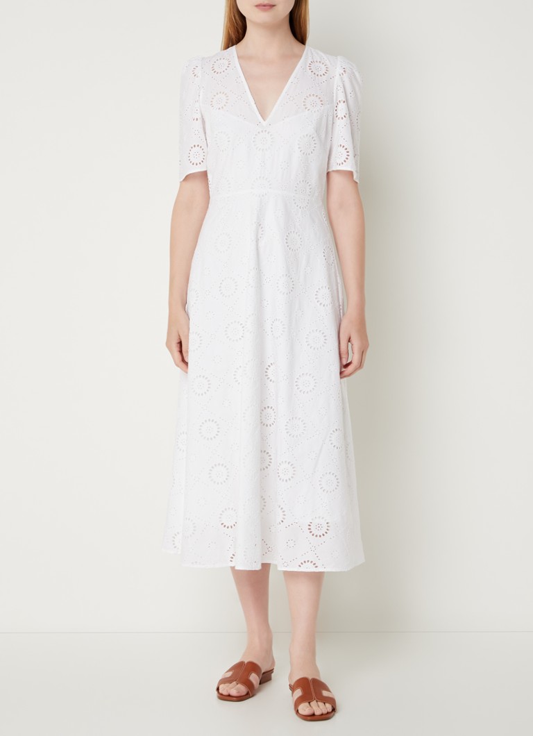 L.K.Bennett Dr Jane midi jurk van broderie met V-hals • Wit ...