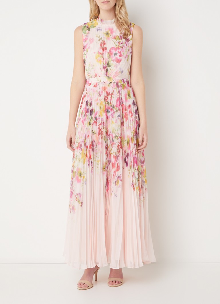Phase Eight Dahlia maxi jurk met bloemenprint en plissé • Lichtroze ...
