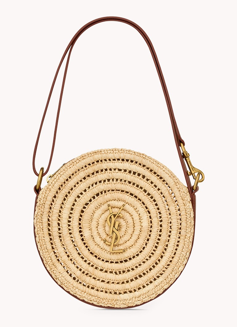 Saint Laurent Schoudertas van raffia met kalfsleren details • Beige ...