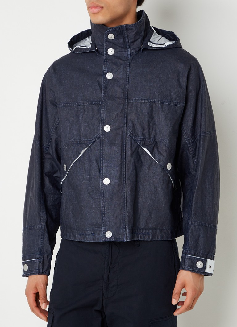 Stone Island 418X1 jack van linnen met backprint en afneembare capuchon ...