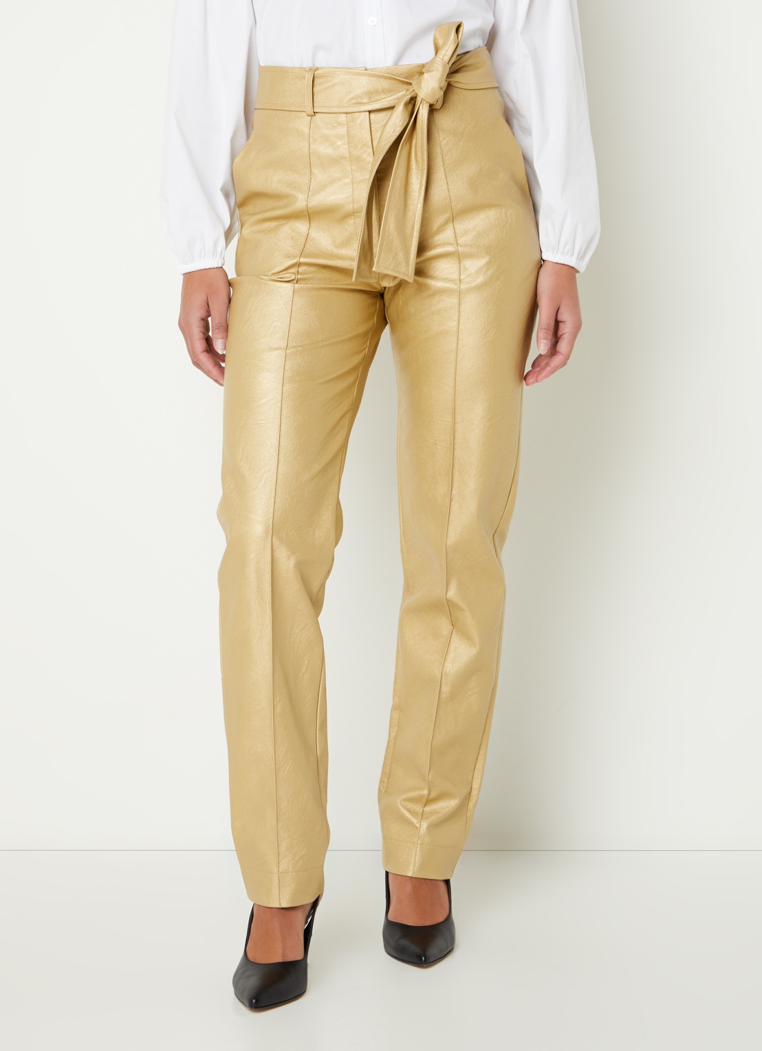 Studio Anneloes Mita mid waist straight fit broek van imitatieleer met ...